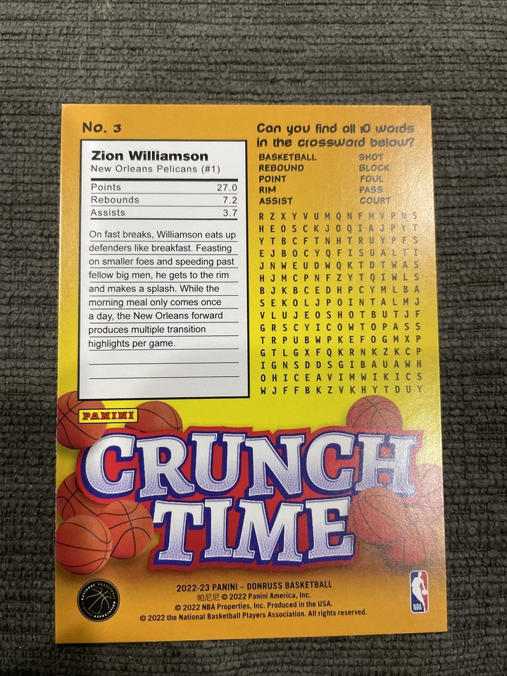 2022-23 Donruss NBA Crunch Time #3 Zion Williamson - New Orleans ...