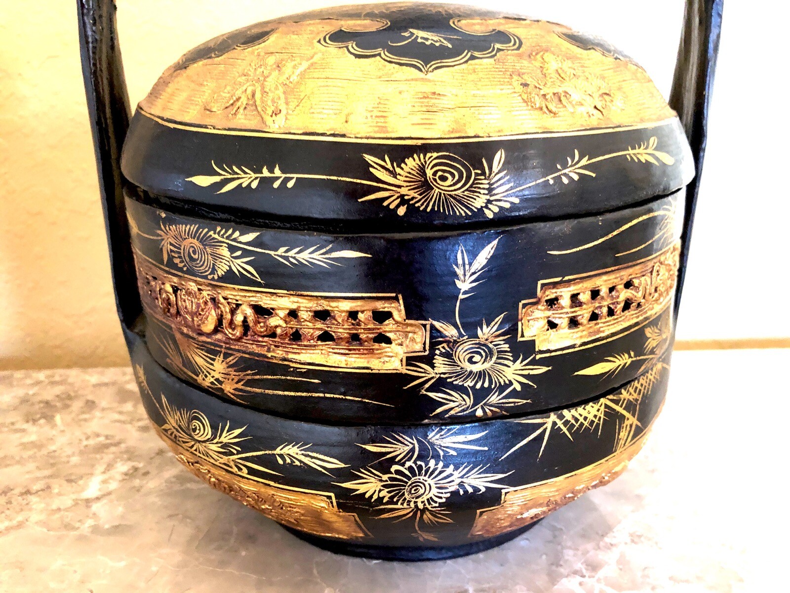 MEIJI PERIOD JAPANESE JUBAKU BAMBOO 3 TIERED BENTO BOX GOLD & BLACK ...