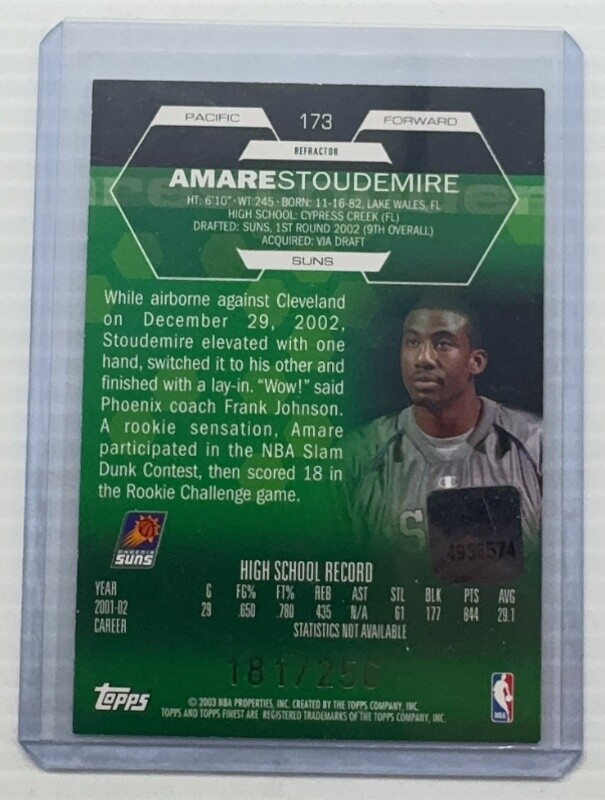 2002-03 Topps Finest Amare Stoudemire Refractor Rookie Auto RC #181/250 ...