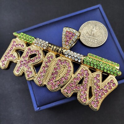 WOMEN GIRL GOLD PLATED ICED LARGE PINK FRIDAY CUBIC ZIRCONIA BLING ...