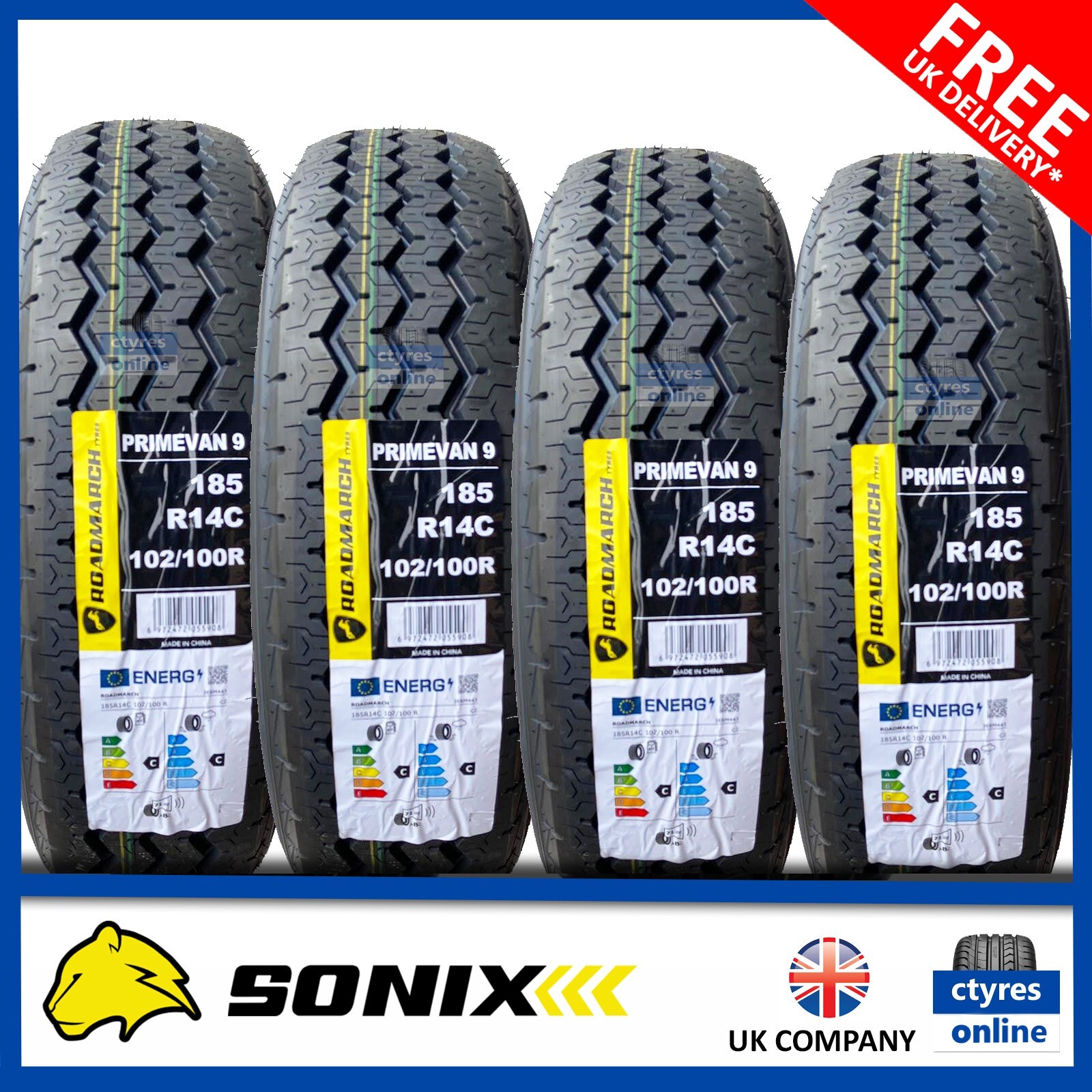 4X New 185 14C 185/R14c VAN TYRES 102/100R SONIX PRIMEVAN *C WET GRIP ...