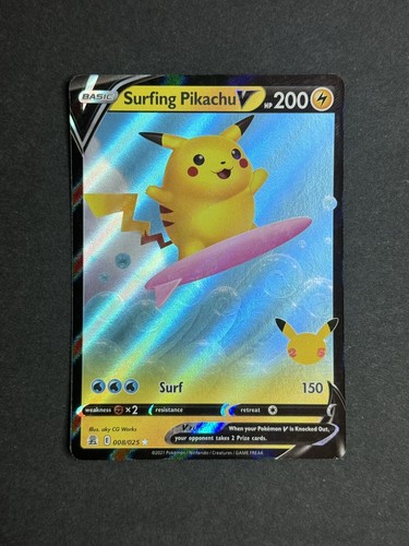 Surfing Pikachu V 008/025 Celebrations Ultra Rare Pokemon TCG Card NM ...
