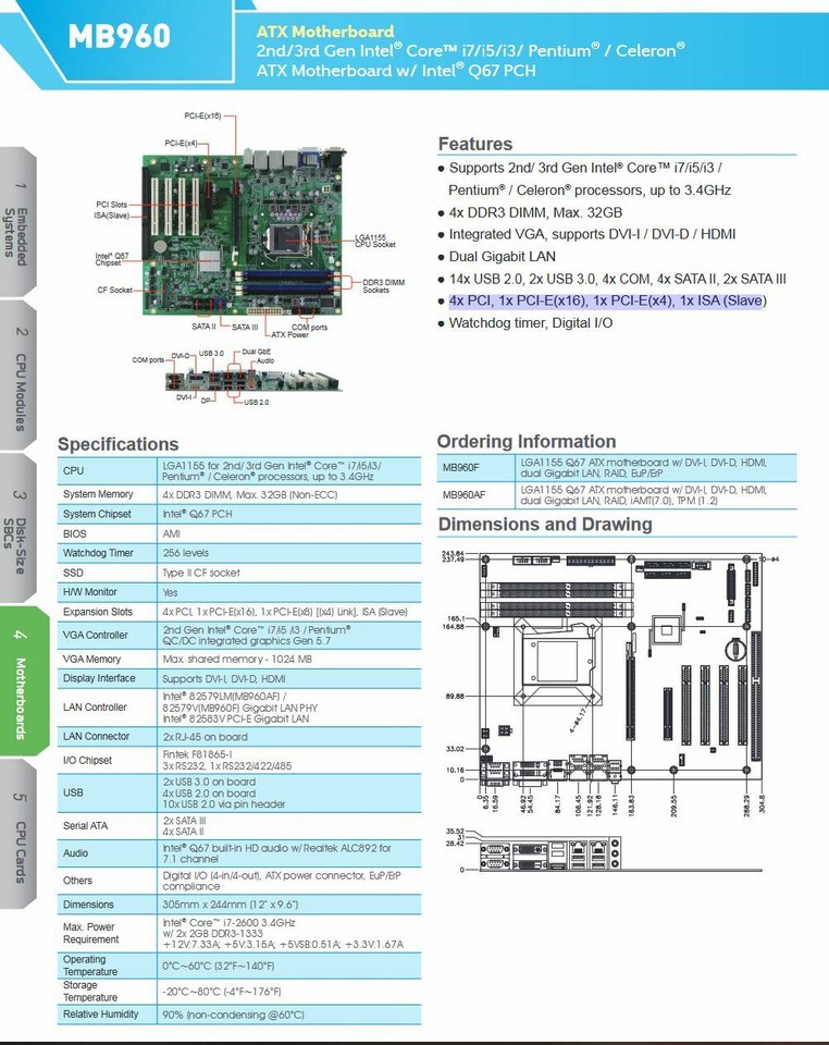 IBASE MB960F ATX LGA1155 Ci7/i5/ i3 V/2*GL CF 4COM 1ISA MBRD (NEW ...