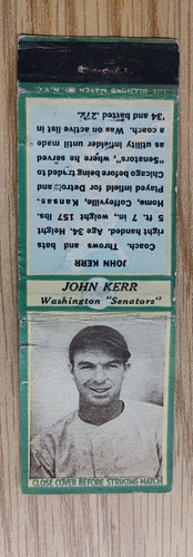 1935 3rd BASEBALL MATCHBOOK COVER JOHN KERR WASHINGTON SENATORS DIAMOND ...