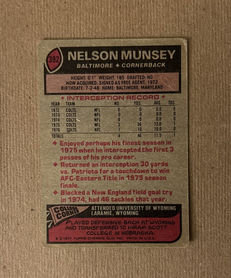 1977 Topps Football Nelson Munsey Baltimore Colts Card #392 | eBay