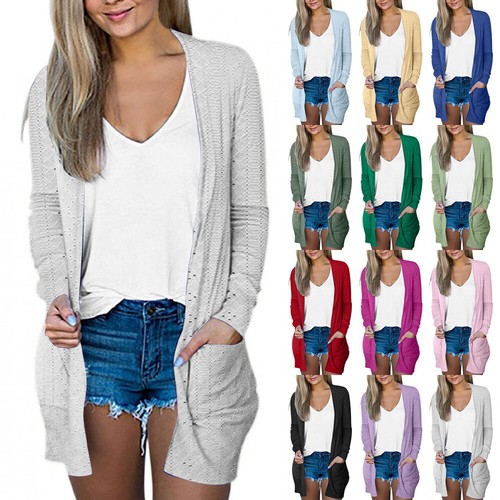 Ladies Summer Cardigans Open Front Cover Up Tops Casual Pockets Coats ...