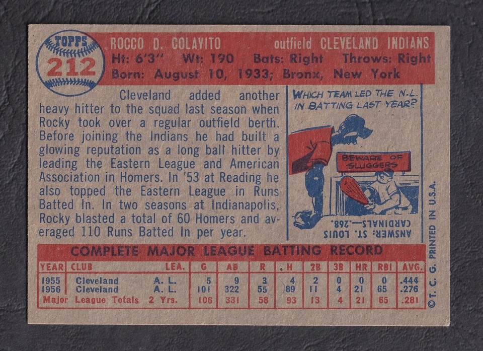 1957 TOPPS ROCKY COLAVITO ROOKIE # 212 EXMINT/NRMINT CLEVELAND INDIANS ...