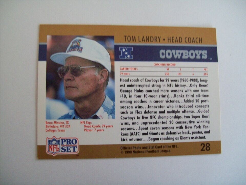 TOM LANDRY DALLAS COWBOYS COACH #28 1990 PRO SET HALL OF FAME NFL ...