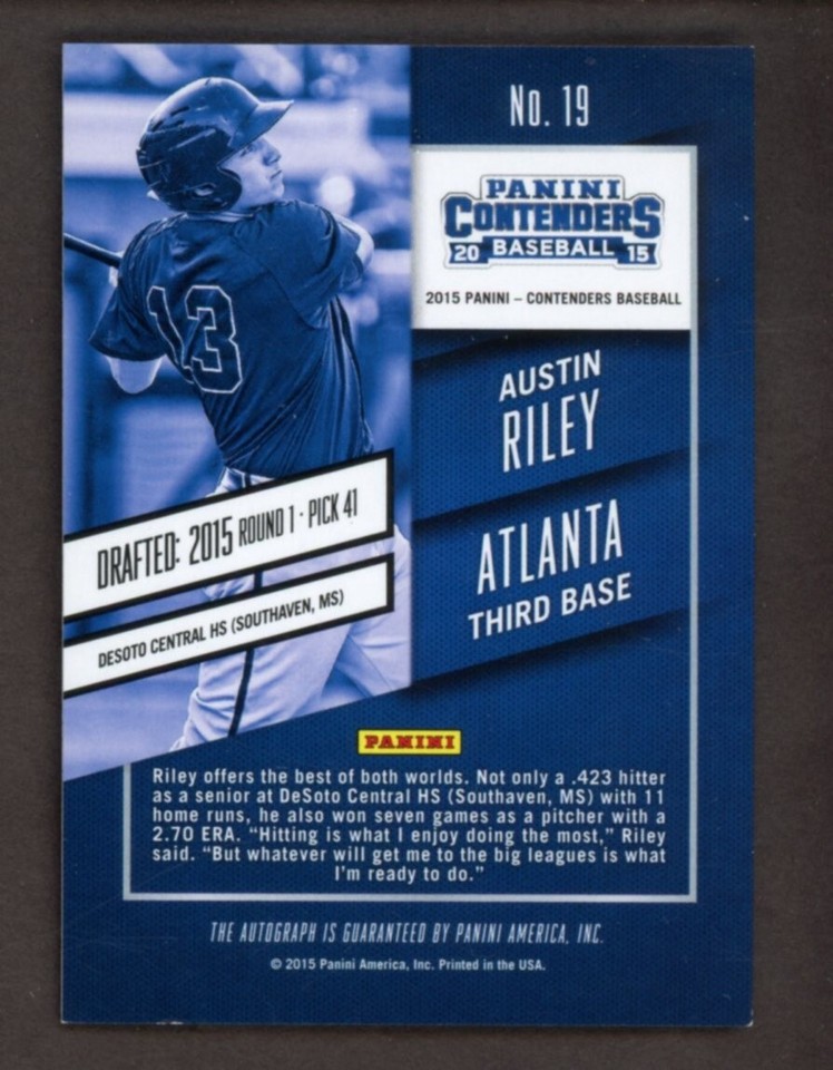 2015 Panini Contenders Draft Ticket Austin Riley RC AUTO RC Rookie AUTO ...