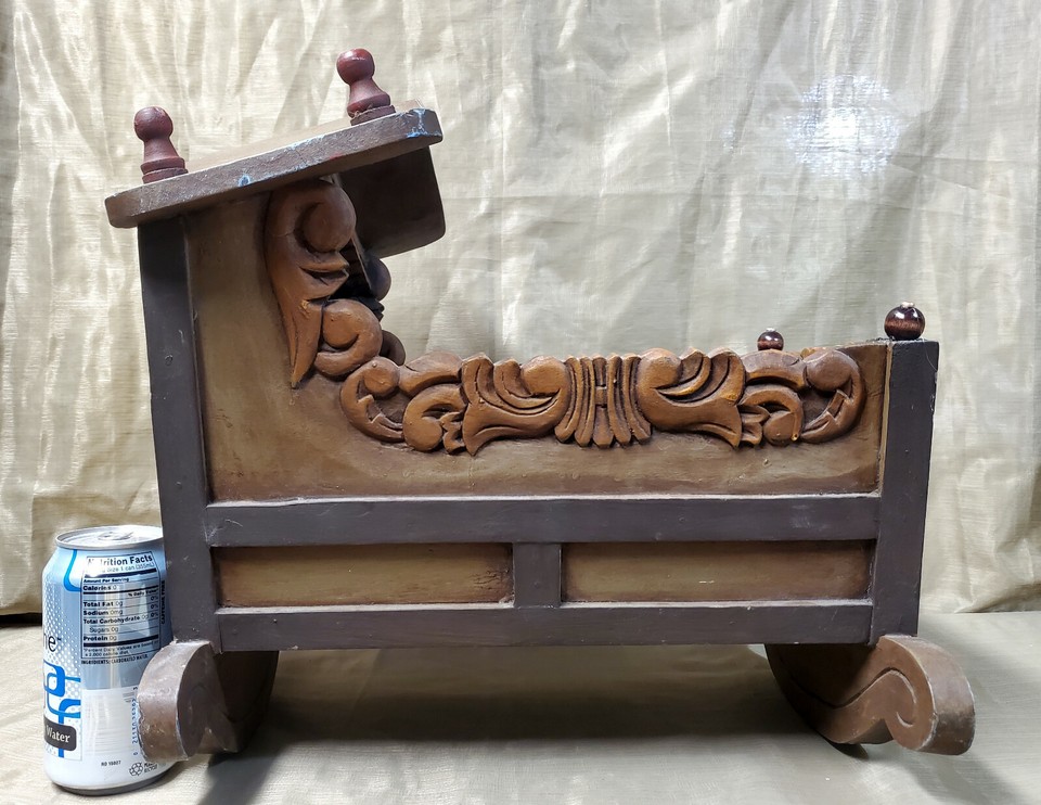 Vintage Carved Wood Baby Doll Cradle Handmade Rustic Rocker Crib Folk ...