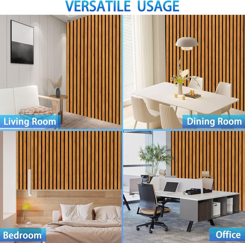 3D Slat Acoustic Wall Panels with Wood Finish Accent, 2 Pack 122cm x 60 ...
