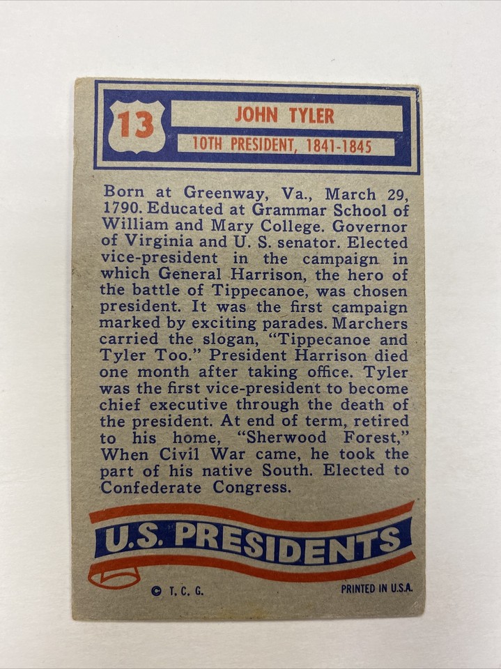 1956 U.S. Presidents John Tyler Collector Series Card # 13 | eBay