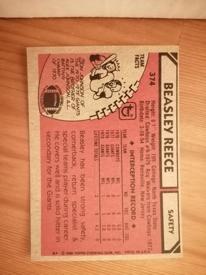 BEASLEY REECE 1980 Topps Football #374 FREE SHIPPING | eBay