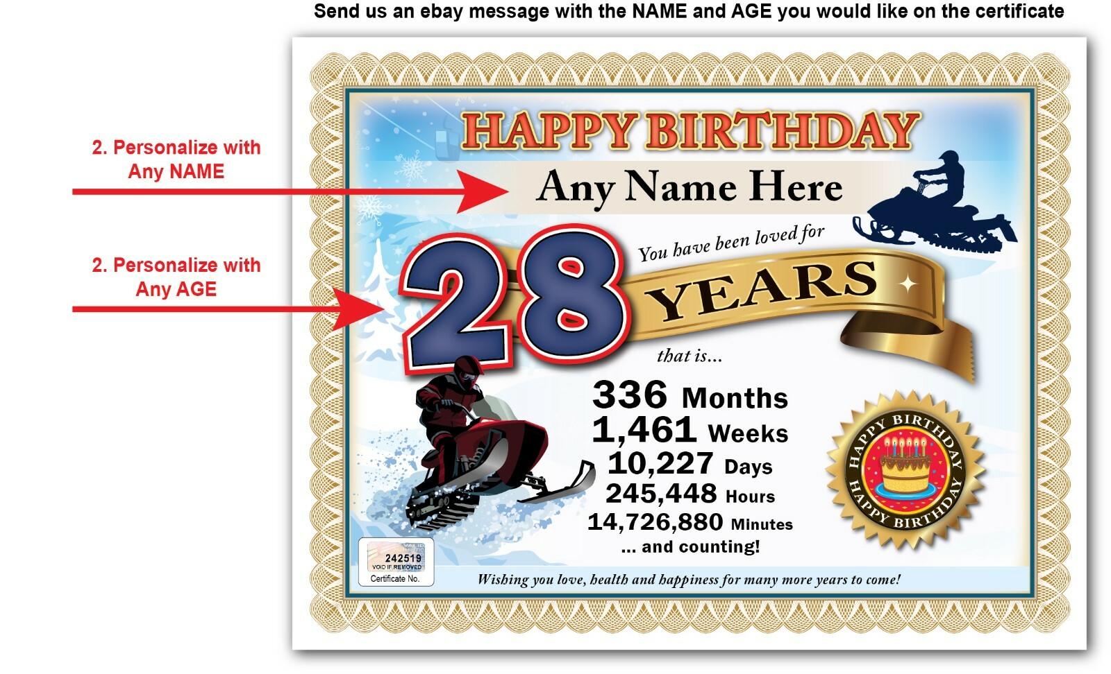 PERSONALIZED HAPPY BIRTHDAY CERTIFICATE - Snowmobile Card - GREAT GIFT ...