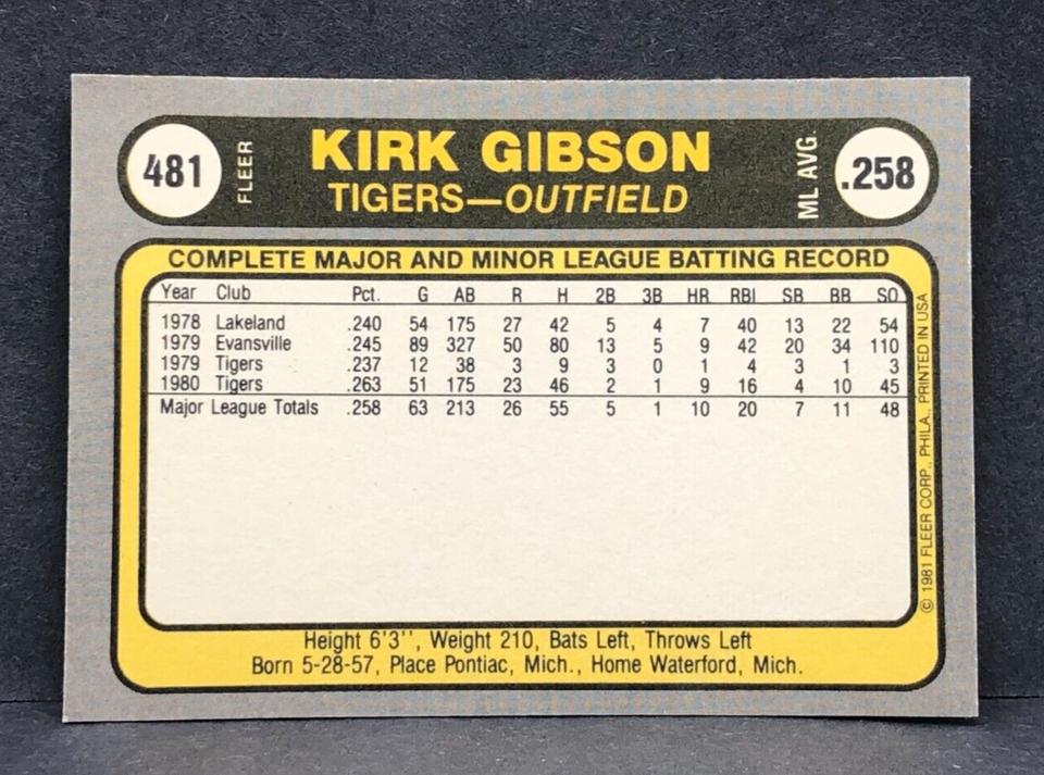 1981 Fleer KIRK GIBSON rookie card RC No. 481 Crease-Free NM-MT+ ...