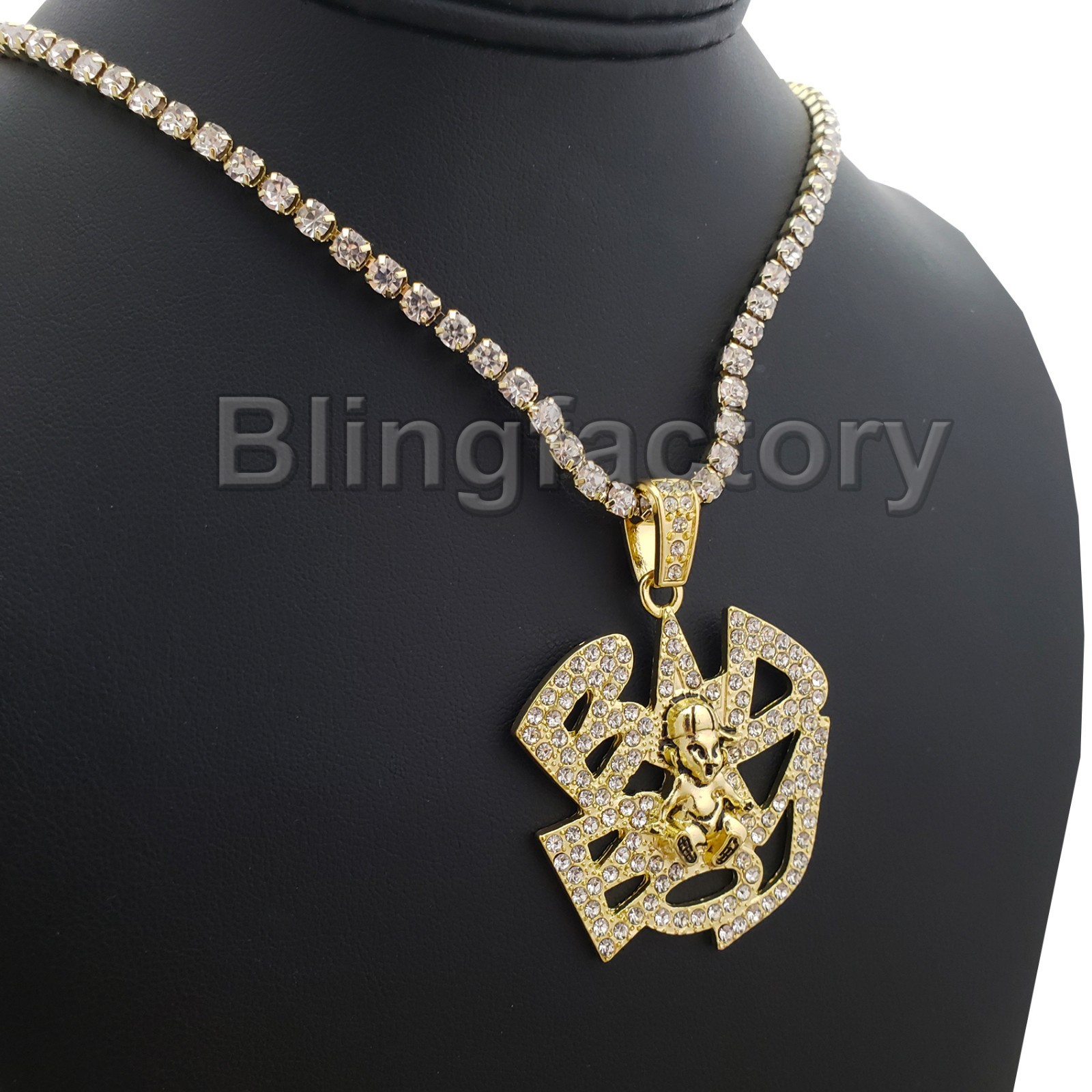 Gold Plated Alloy BAD BOY Charm Iced 1 Row Cubic Zirconia Choker Chain ...