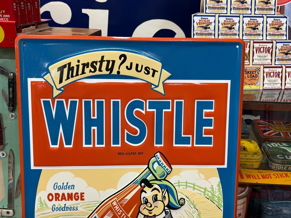 "WHISTLE SODA" EMBOSSED METAL ADVERTISING SIGN, (20"x 14") EXC COND | eBay