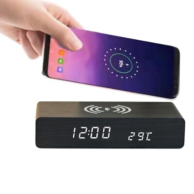Wooden Table Clock, Digital Clock with wireless charger for your home ...