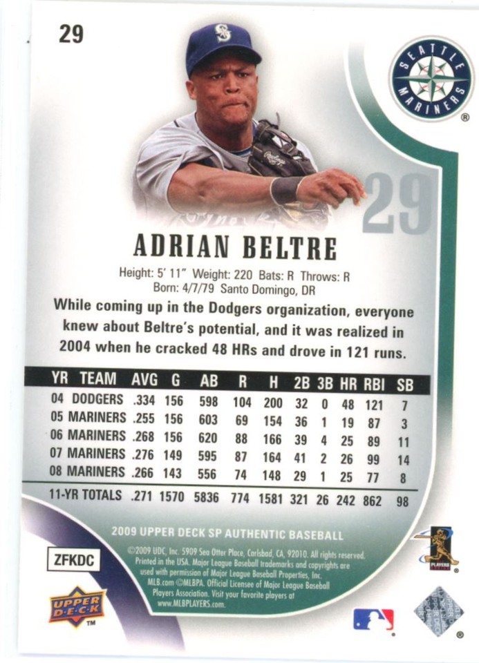 2009 Upper Deck SP Authentic Adrian Beltre Seattle Mariners #29 | eBay
