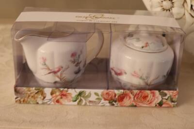 GRACE TEAWARE BIRDS FLORAL SPRING GARDEN CREAMER & COVERED SUGAR BOWL ...