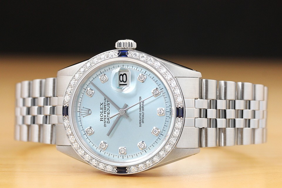 MENS ROLEX DATEJUST 1603 ICE BLUE DIAMOND DIAL 18K WHITE GOLD & STEEL ...