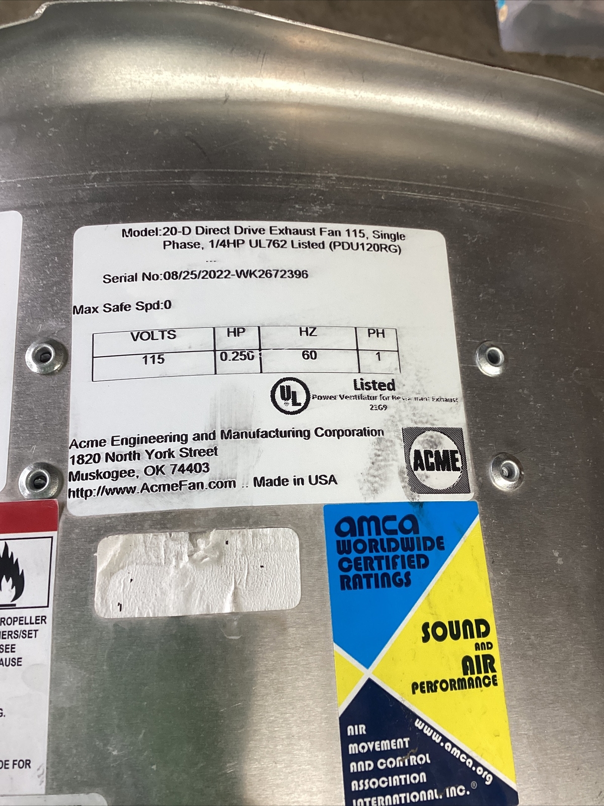 Acme Model 20-D Direct Drive Upblast Exhaust Fan 115v Single Ph.1/4HP ...