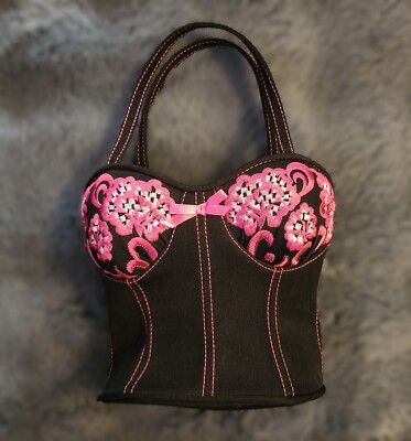 Vintage 90’s Bustier Corset Purse Black w Pink Ribbon – Excellent ...