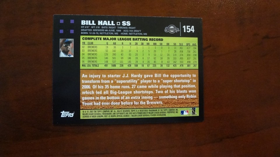 2007 TOPPS # 154 BILL HALL BASEBALL CARD | eBay