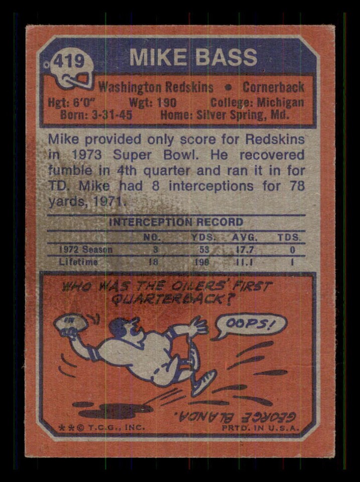1973 Football Topps Mike Bass Washington Redskins #419 RC | eBay