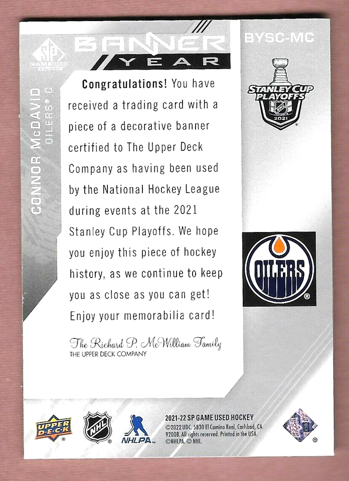 CONNOR MCDAVID 2021-22 UPPER DECK BANNER YEAR INSERT SP CARD #BYSC-MC ...