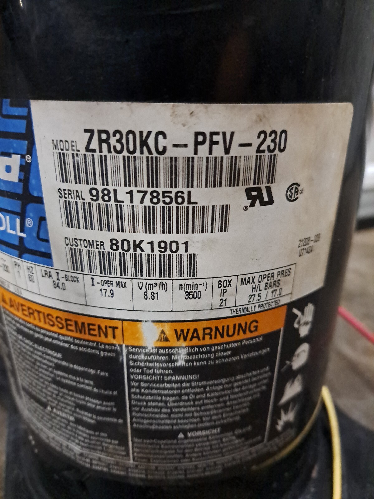 ZR30KC-PFV-230 ZR30K3E-PFV-930 Copeland 2.5 3 Ton Scroll AC Compressor ...
