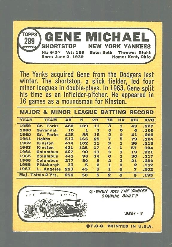 1968 TOPPS BASEBALL #299 GENE MICHAEL EX/MT+ NEW YORK YANKEES 2ND YEAR ...
