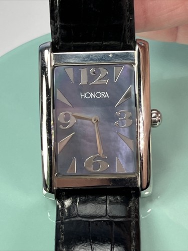 Honora Mother of Pearl Watch with Black Leather Strap Needs battery Lot ...