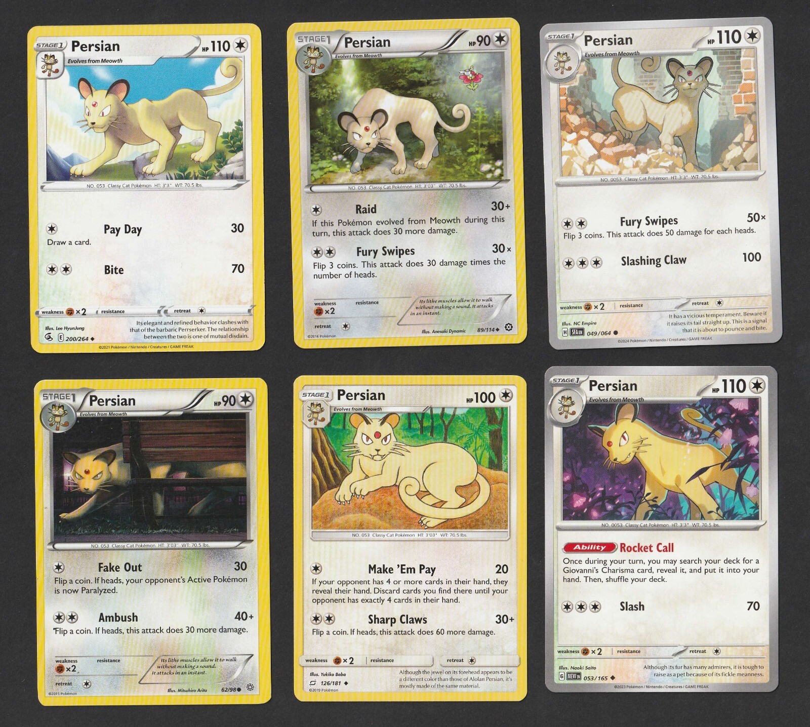 Persian Pokemon Card Collection Set of 6 English Cards Cute Rare ...