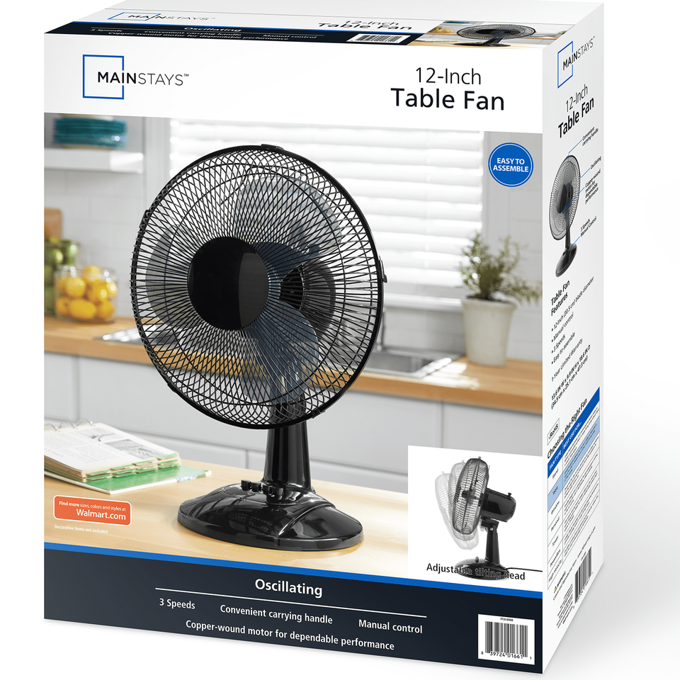 Mainstays 12" 3-Speed Oscillating Table Fan, FT30-8MBB, New, Black ...