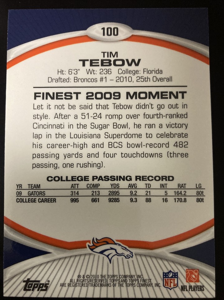Tim Tebow 2010 Topps Finest Rookie Card #100 (4924) | eBay