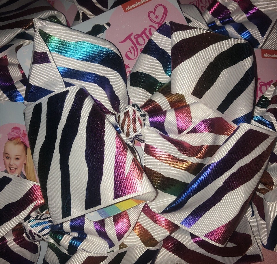 New JoJo Siwa Large Signature Metallic Rainbow Zebra White Cheer Bow ...