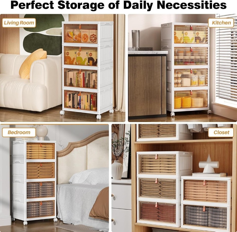 Storage Boxes with Lid 28L*4 Tier Plastic Stackable with Wheels FOR ...