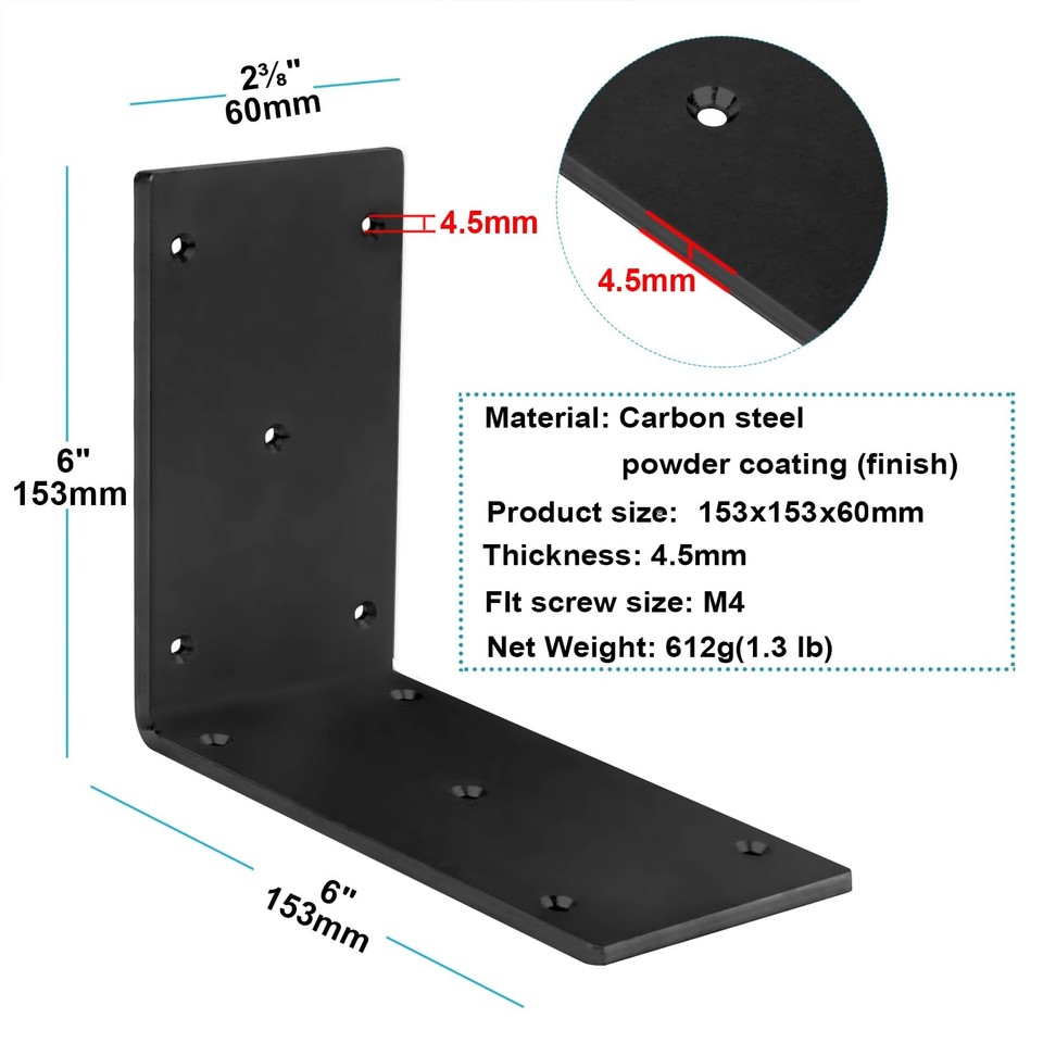 Black L Angle Brackets 4 Pack 6x6 inch Heavy Duty Steel for 4x4 Post ...