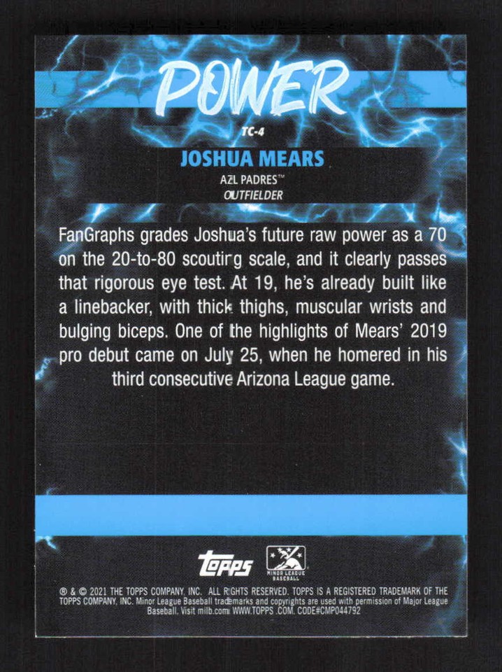 Joshua Mears 2021 Topps Pro Debut The Cogeneration AZL Padres #TC-4 | eBay