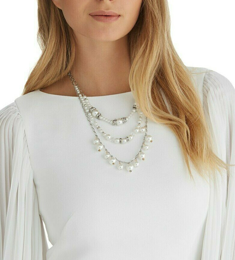 WHBM Layered Pearl Drape necklace chain pearl crystal… - Gem
