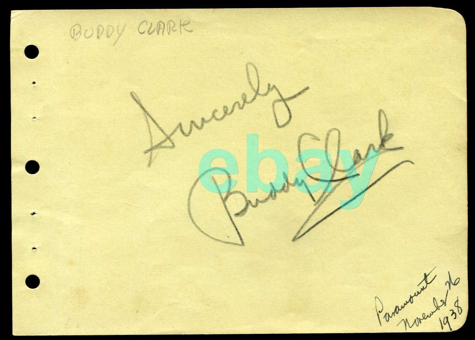 BUDDY CLARK Autographed Album Page 1938 Legendary Singer d. 1949 Plane ...