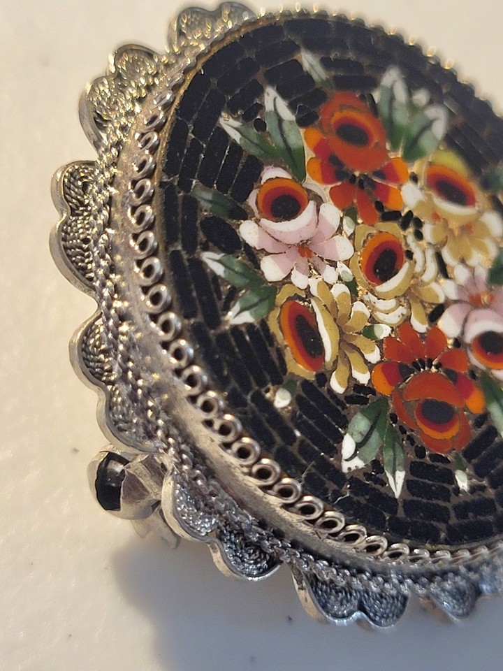 Antique MICRO MOSAIC Brooch Pin Flowers Roses Round Glass Italian ...
