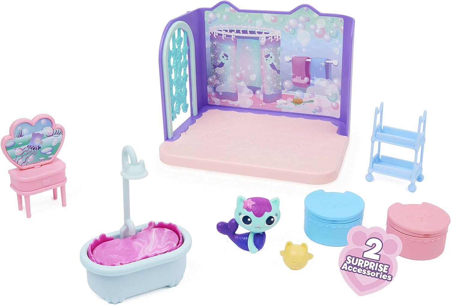 Gabby's Dollhouse, Primp and Pamper Bathroom with Mercat Figure, 3 ...