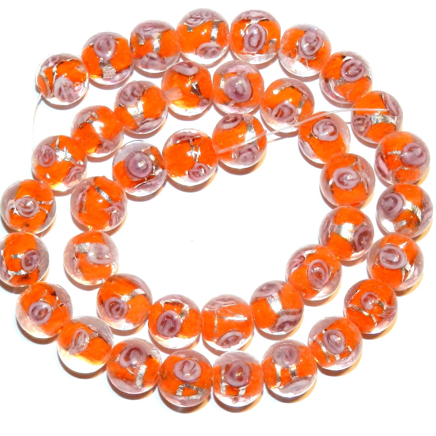 G3534 Orange & Silver Foil Lined w Pink Flower 10mm Round Glass Beads 15" | eBay