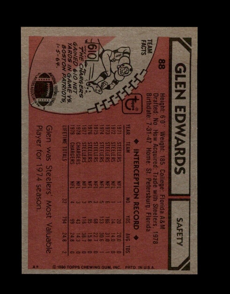 1980 Topps Football SET BREAK #88 Glen Edwards NM or Better | eBay