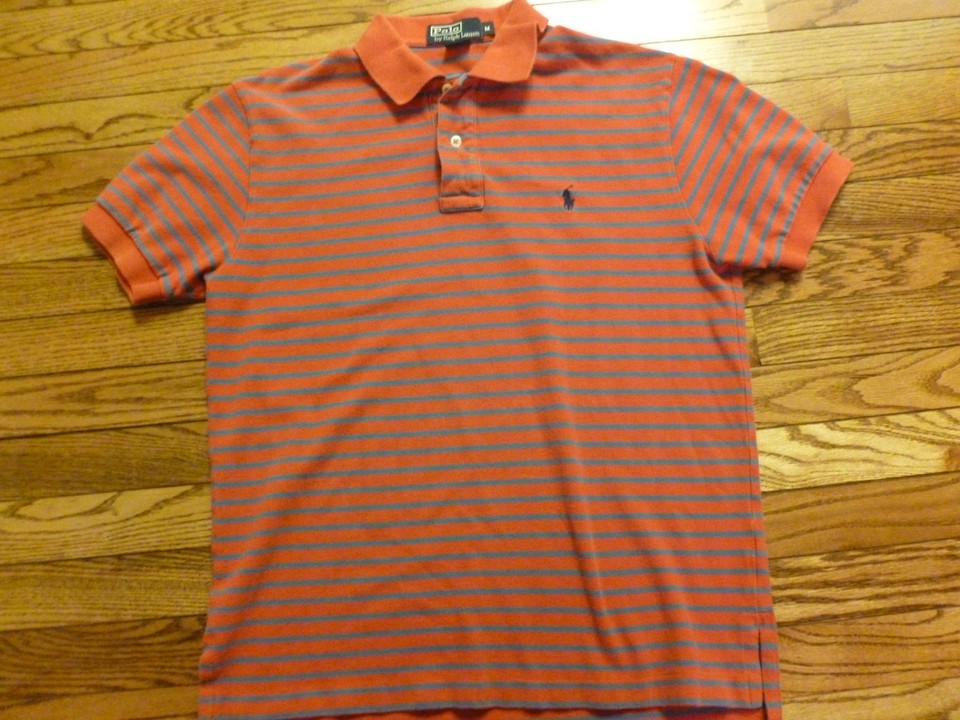 Men's Polo by Ralph Lauren Red Orange Blue Striped Polo Shirt, Size ...