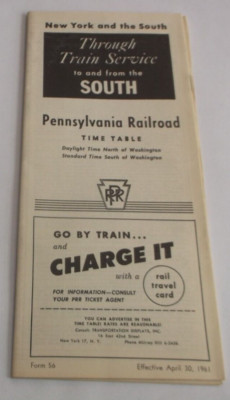 APRIL 1961 PRR PENNSYLVANIA RAILROAD FORM 56 THROUGH TRAINS SOUTH ...
