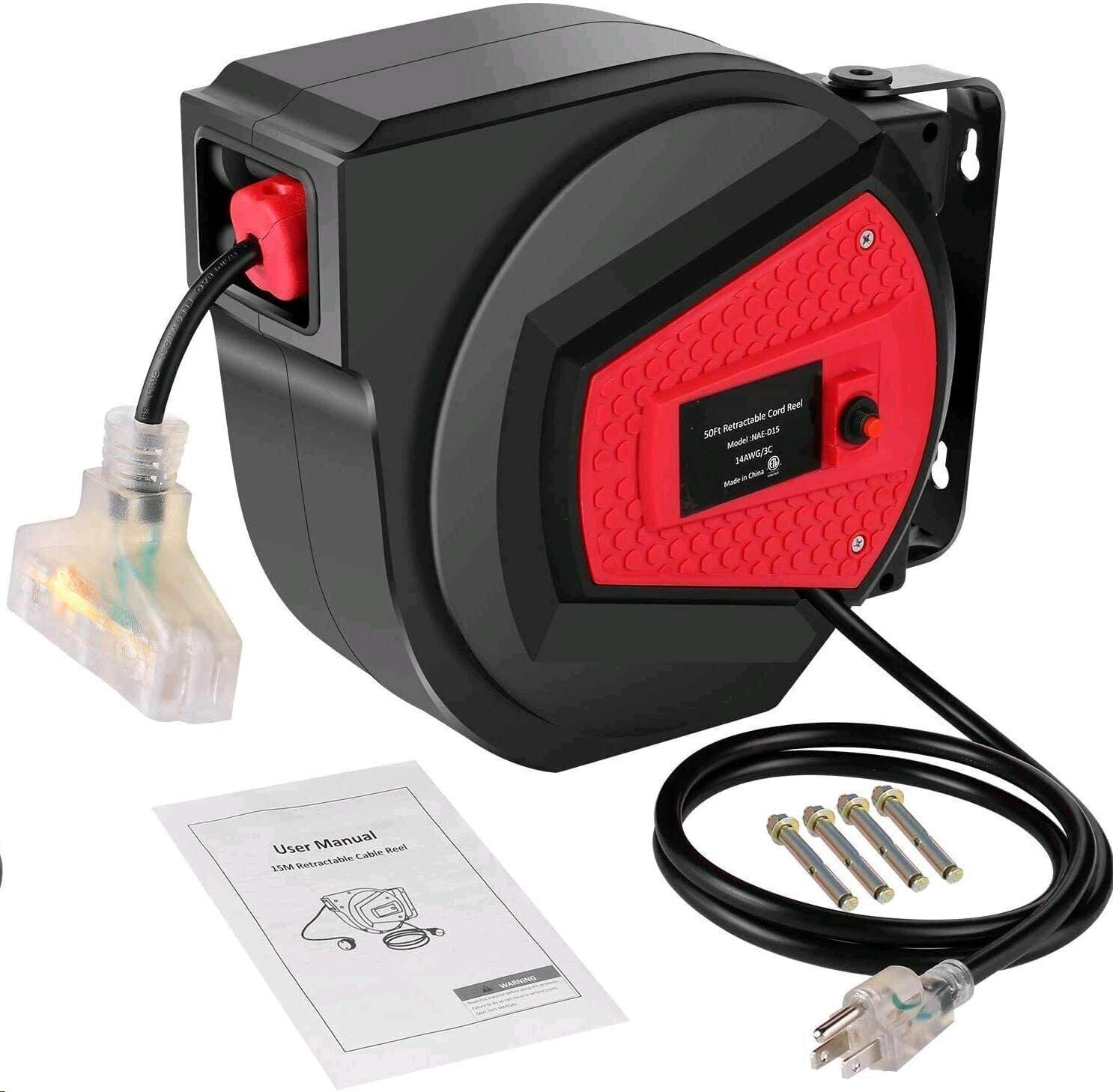Auto Retractable Extension Cord Reel 65FT Heavy Duty Power Cord ...