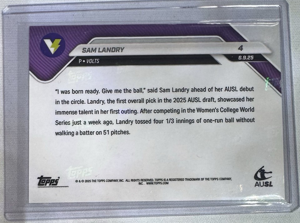 Sam Landry RC #1 Pick Shines in Pro Debut 2025 AUSL Topps NOW /10 Black ...